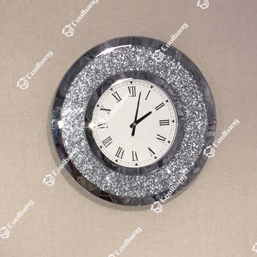 luxury silver sparkle mirrored floating crystal diamond crushed wall clock