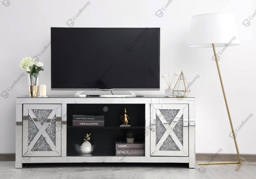 Mirrored Furniture Crushed Diamond TV Stand with Fireplace