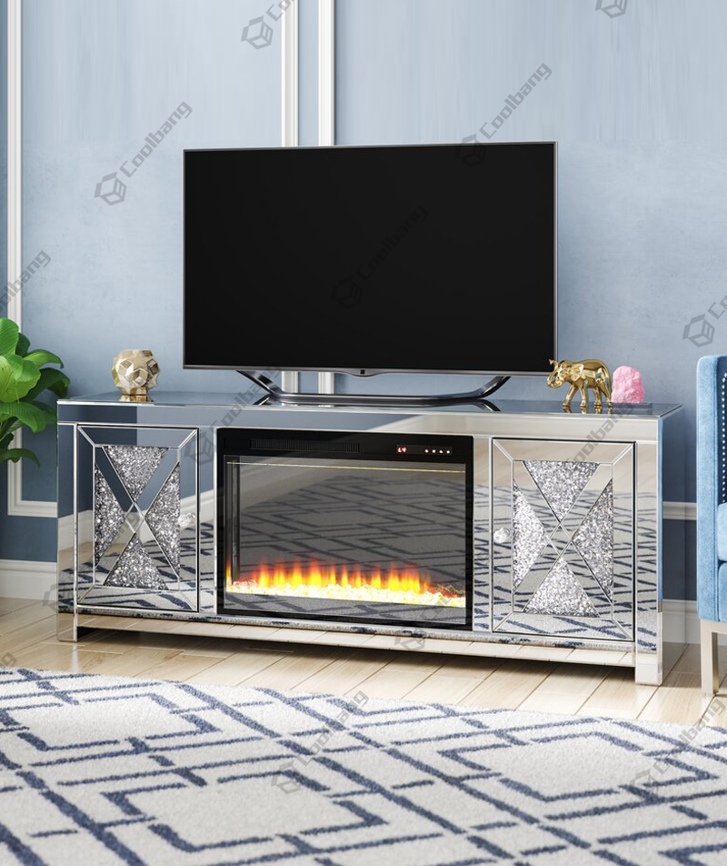 Mirrored Furniture Crushed Diamond TV Stand with Fireplace