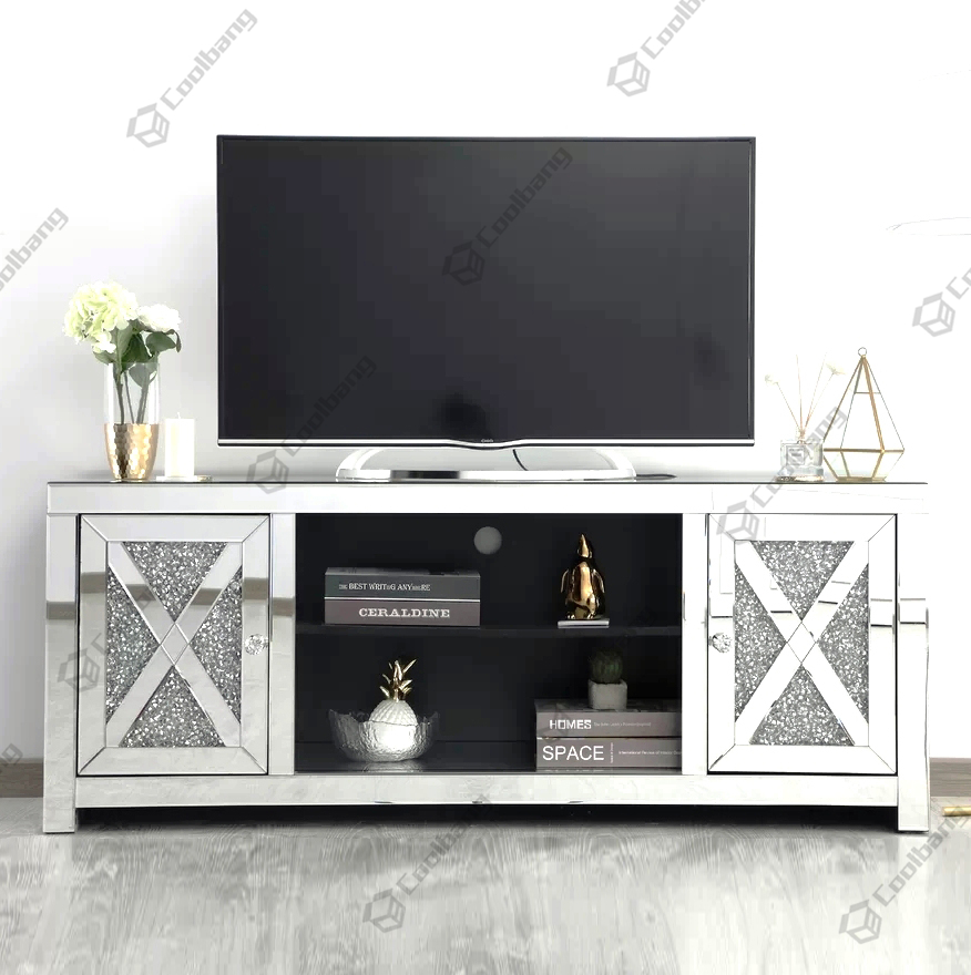 Mirrored Furniture Crushed Diamond TV Stand with Fireplace