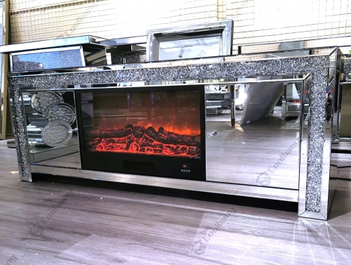 Mirrored Furniture Crushed Diamond TV Stand with Fireplace